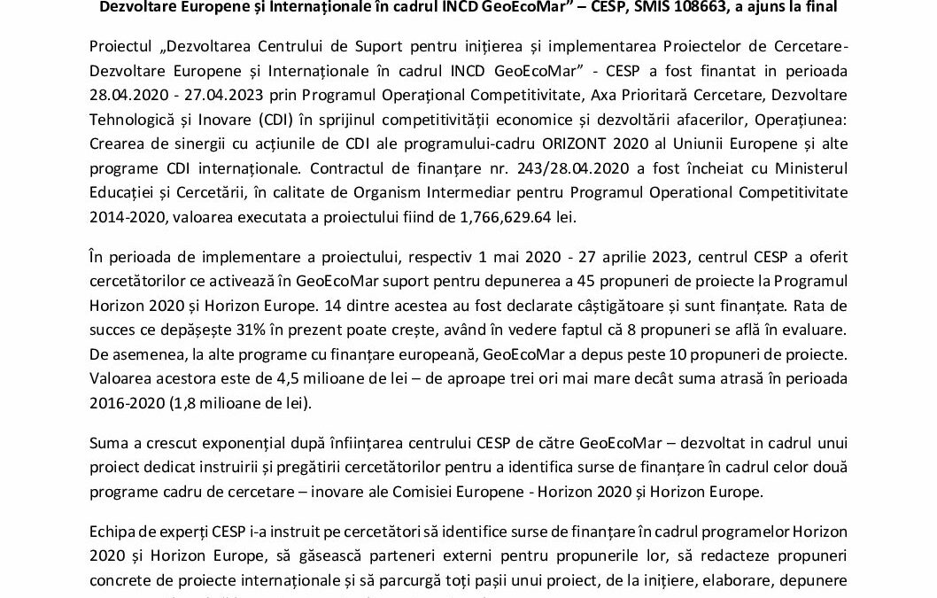 Anunt finalizare proiect CESP | GeoEcoMar